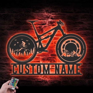 Custom Cyclist Mountain Bike Metal Wall Art LED Light Personalized ...