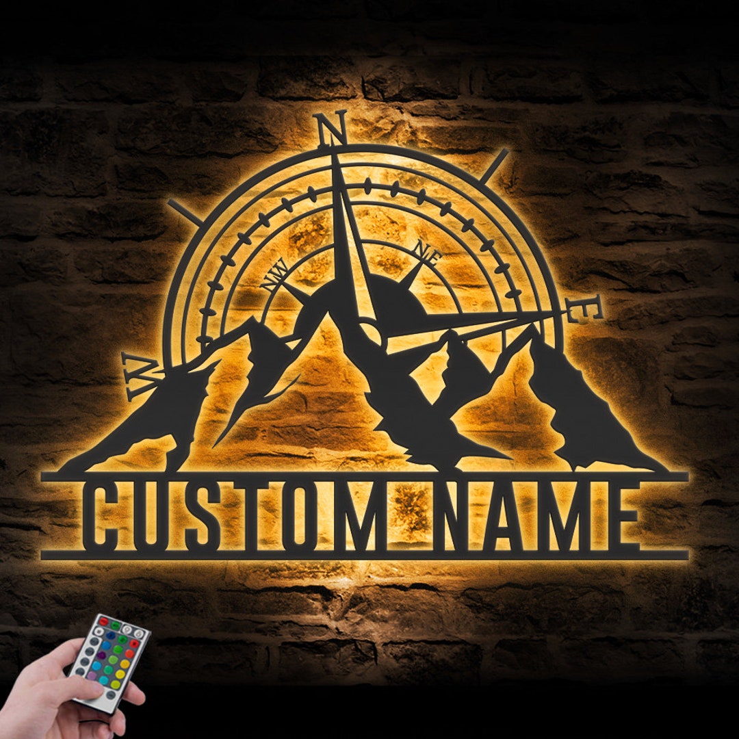 Custom Half Compass Mountain Metal Wall Art LED Light Personalized ...