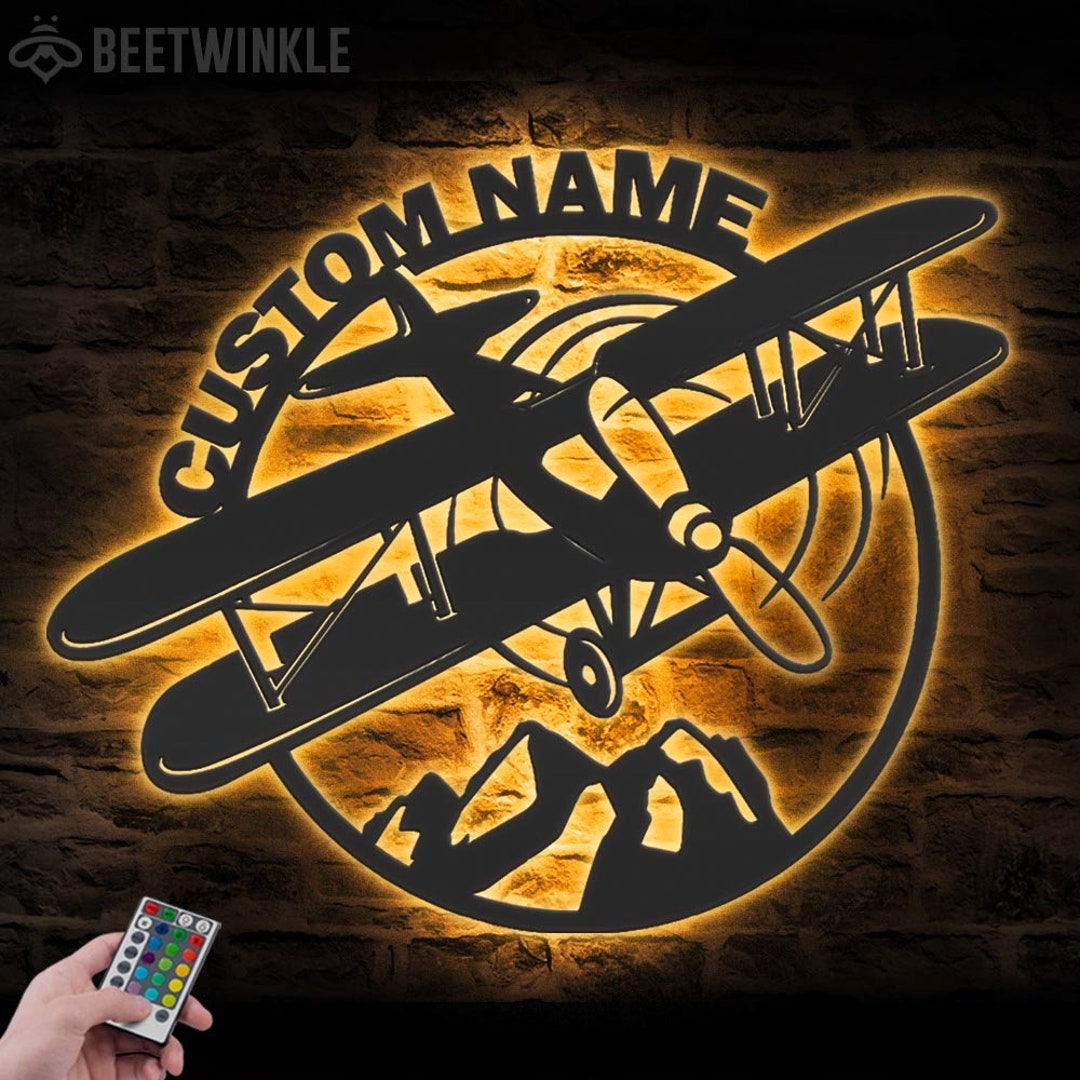 Custom Biplane Airplane Metal Wall Art LED Light Personalized Pilot ...
