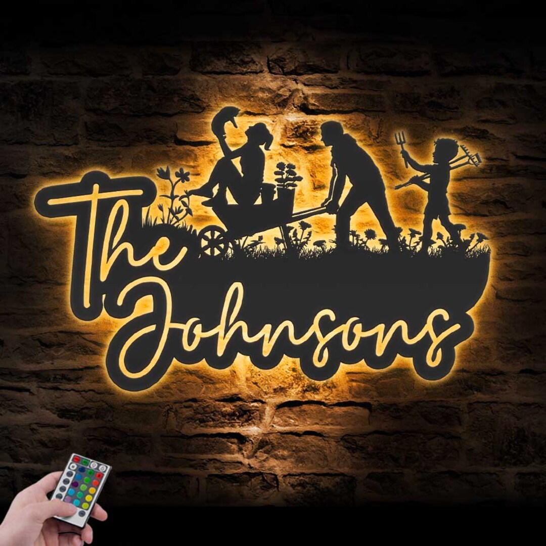 Custom Gardening Family Last Name Metal Wall Art LED Light Personalized ...