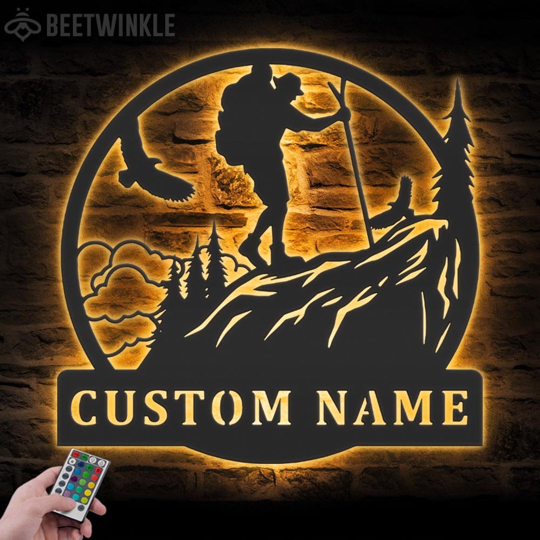 Custom Mountain Hiking Metal Wall Art LED Light Personalized Hiker Name ...