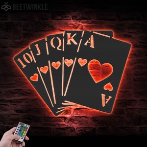 Poker Cards Casino Metal Wall Art LED Light Playing Card Room Sign Home ...