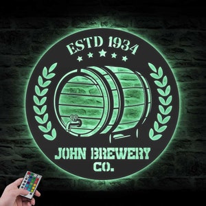 Custom Beer Bar Metal Wall Art LED Light Personalized Brewing Company ...