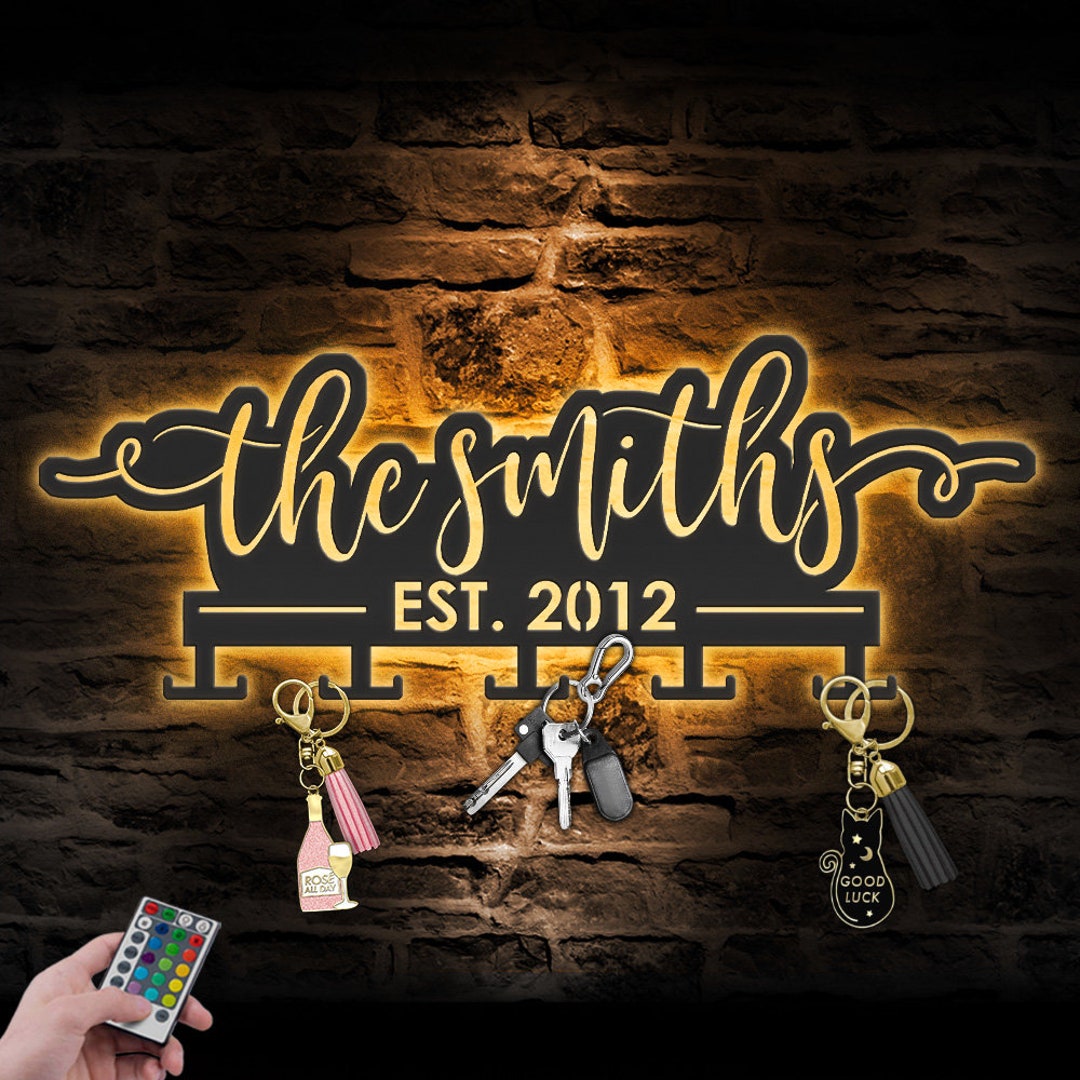 Custom Family Key Holder Metal Wall Art LED Light Personalized Last ...