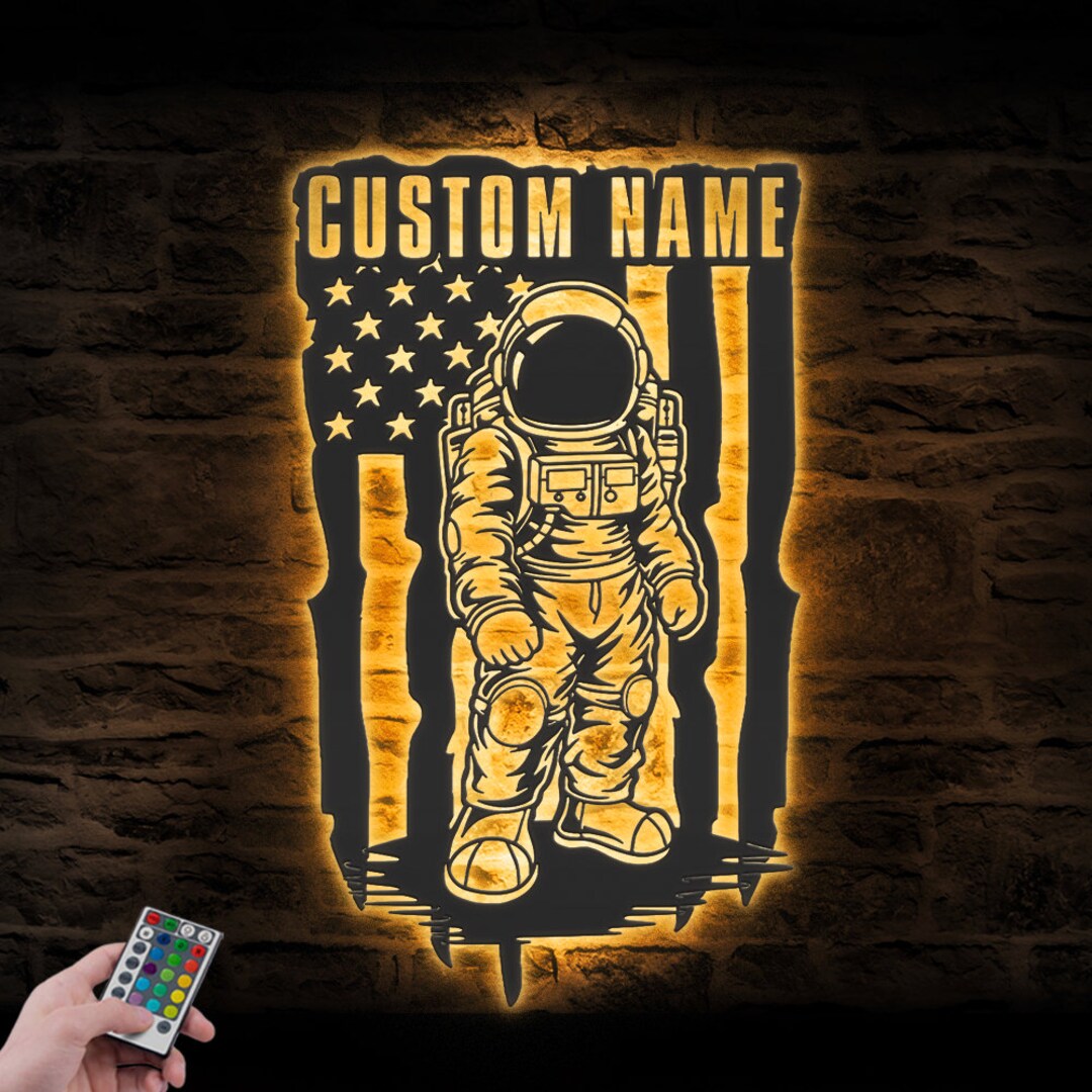 Custom Space Astronaut US Flag Metal Wall Art LED Light Personalized ...