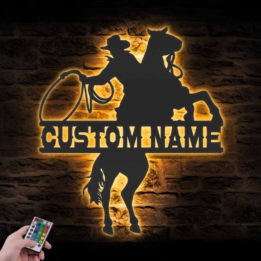Custom Western Cowboy Roping Metal Wall Art LED Light Personalized ...