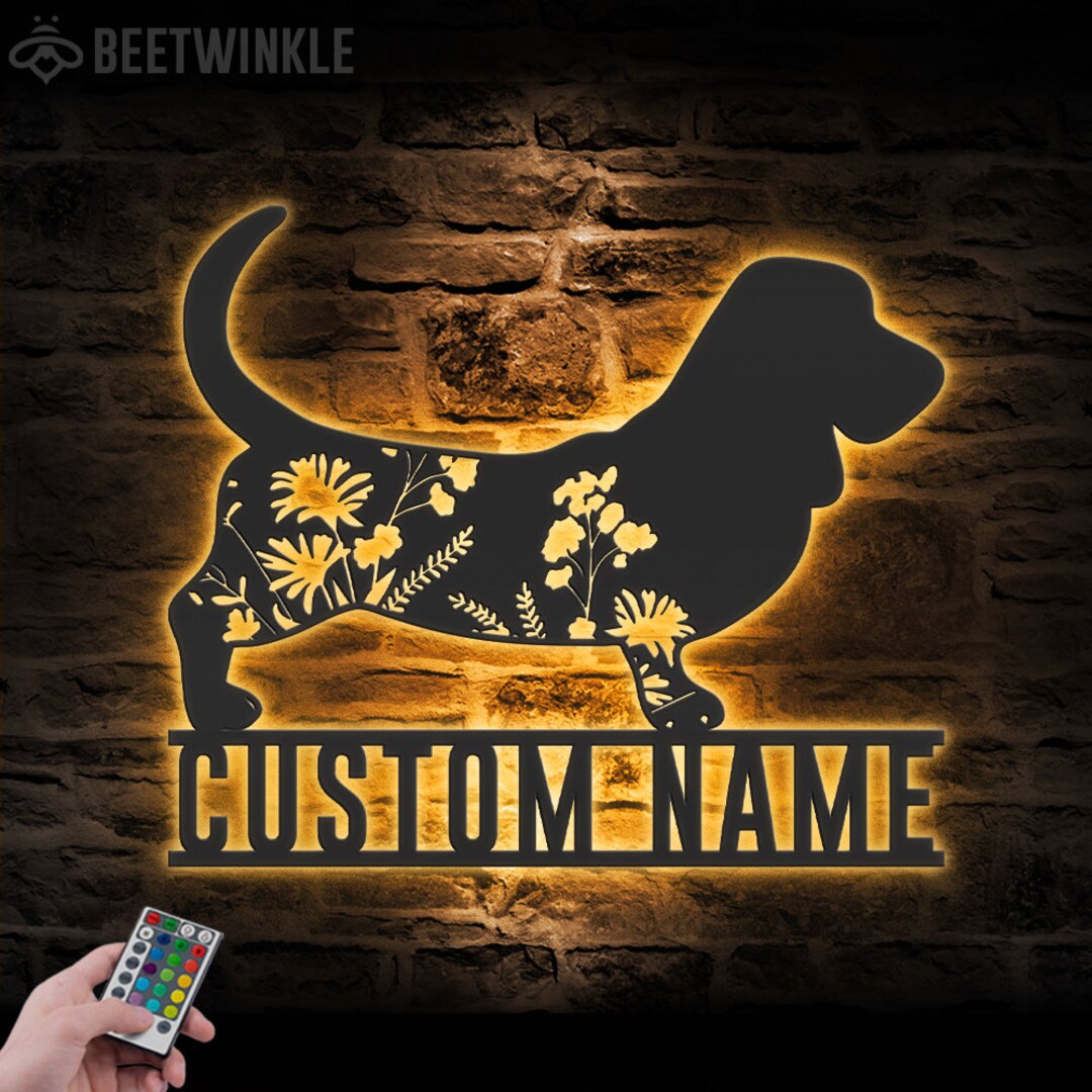 Custom Floral Basset Hounds Metal Wall Art LED Light Personalized Wild ...