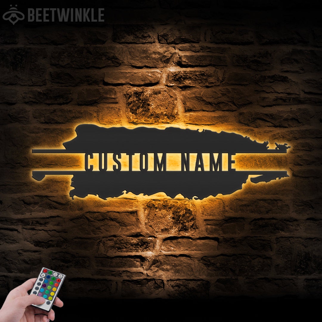 Custom Puerto Rico Map Metal Wall Art LED Light Personalized Puerto ...