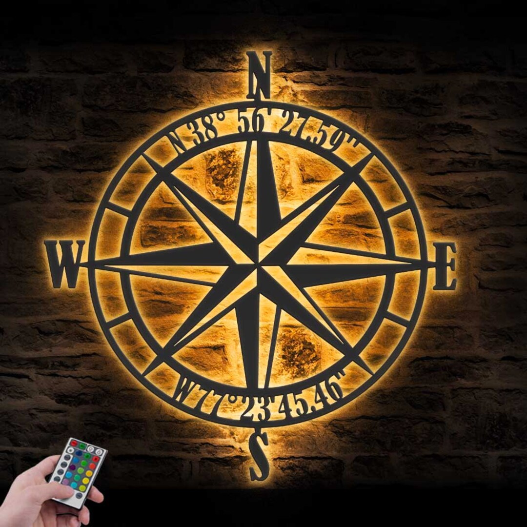 Custom GPS Nautical Compass Rose Metal Wall Art LED Light Personalized ...