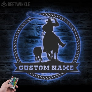 Custom Cowboy Cattle Roping Metal Wall Art LED Light Personalized Tie ...