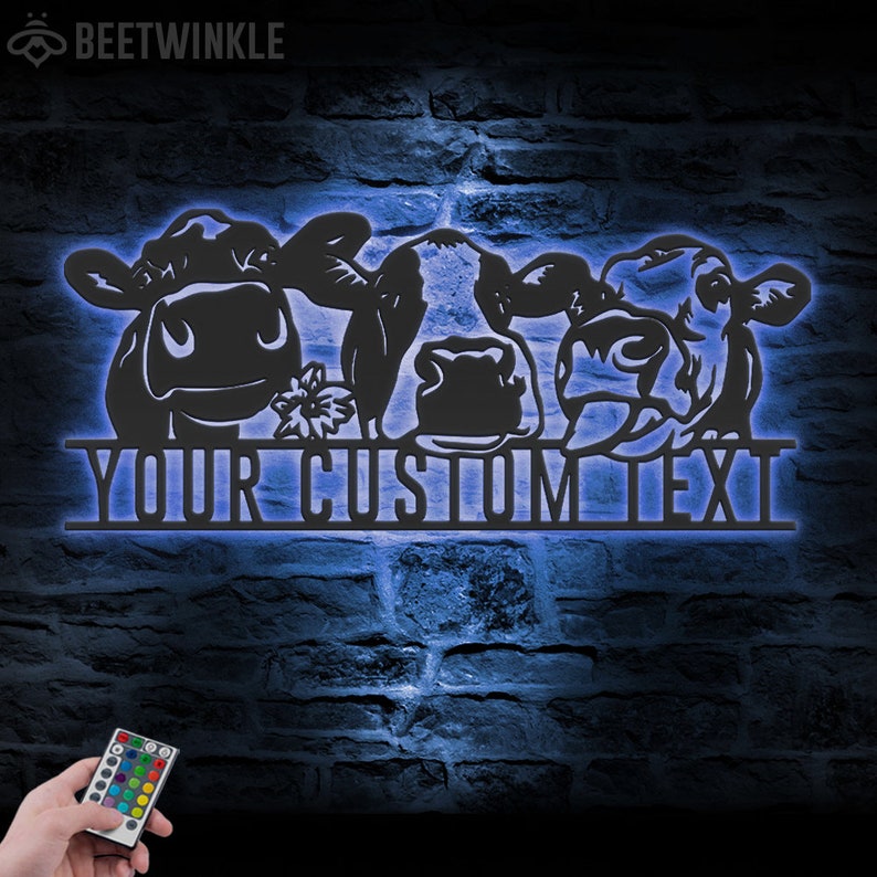 Custom Peeking Cow Farmhouse Metal Wall Art LED Light Personalized ...