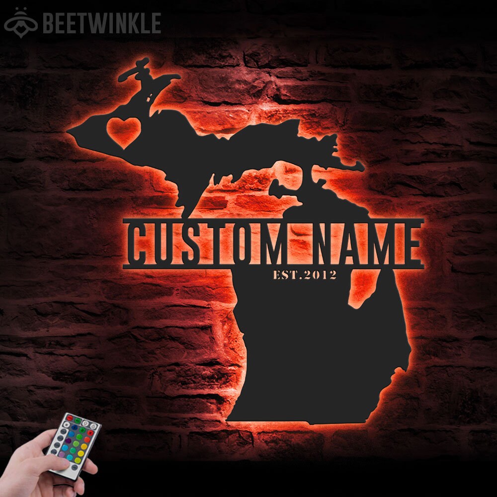 Custom Michigan Map Metal Wall Art LED Lights Personalized Michigan ...
