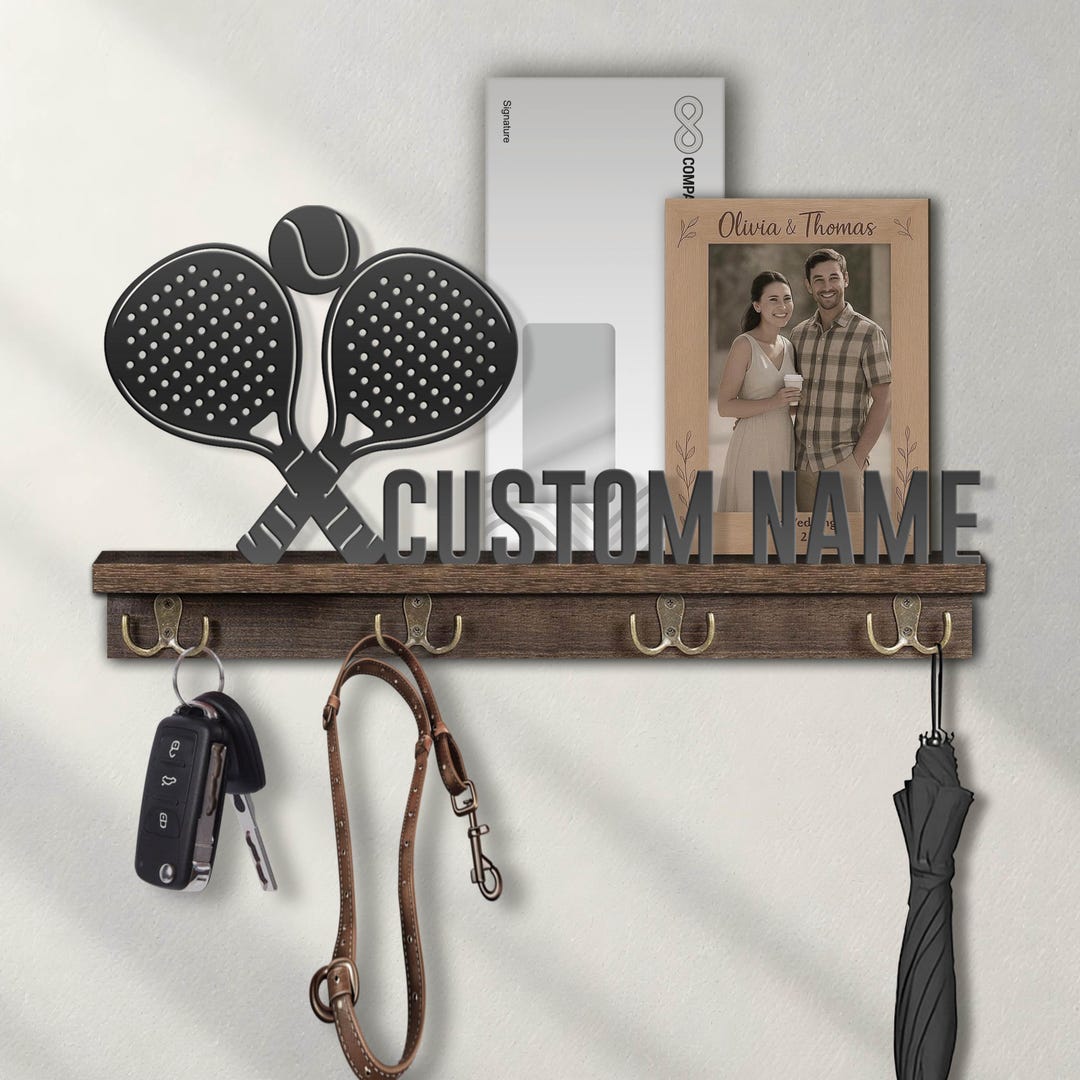Custom Padel Tennis Metal Wooden Key Holder Shelf Personalized Padel ...