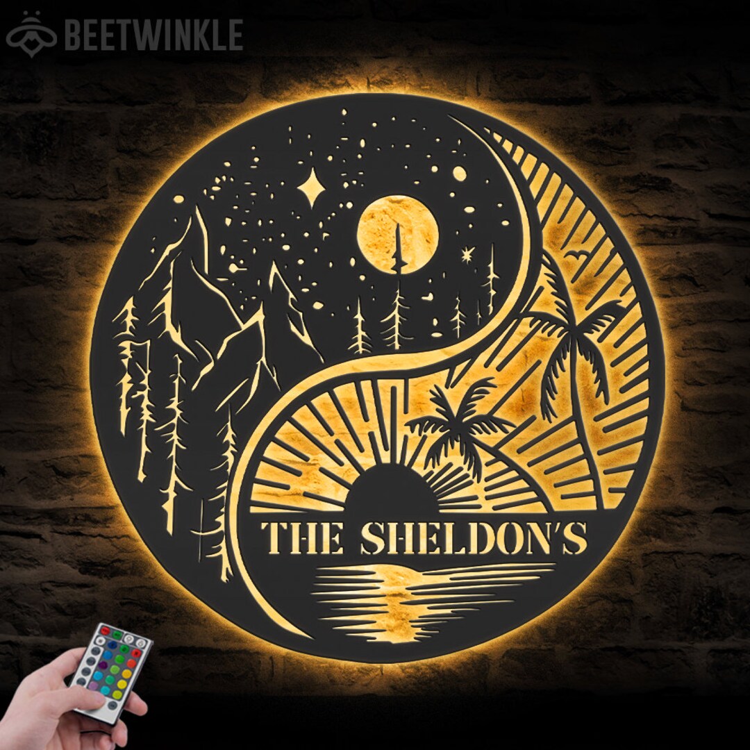 Custom Yin Yang Mountain Beach Camping Metal Wall Art LED Light ...