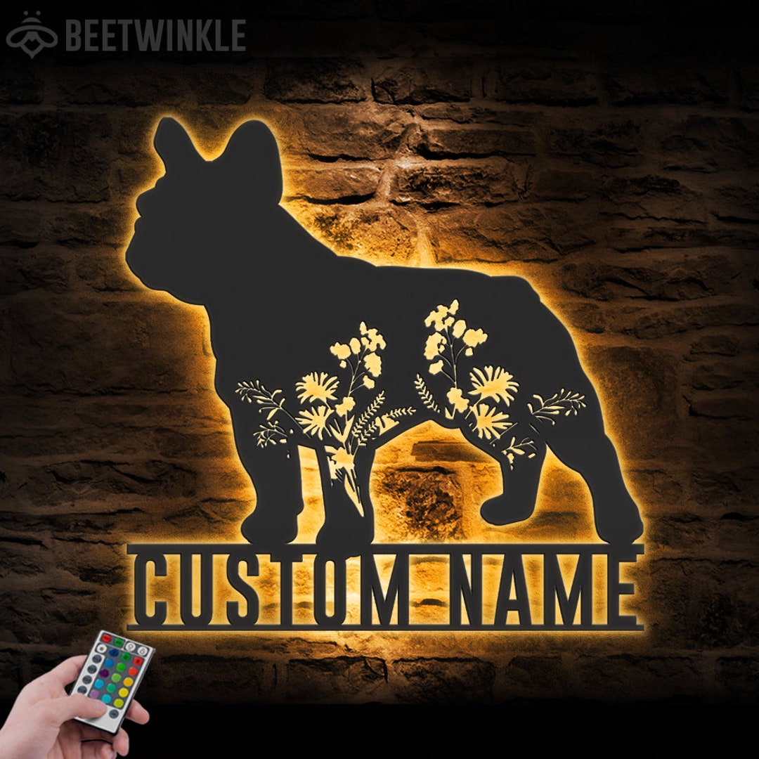 Custom Floral French Bulldog Metal Wall Art LED Light Personalized Wild ...