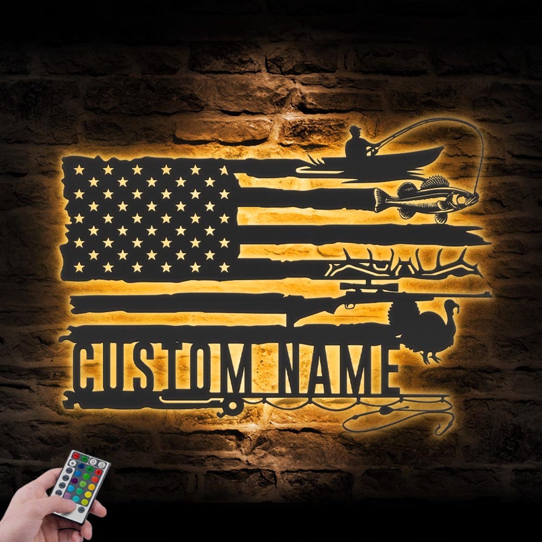 Custom Deer Turkey and Walleye Fishing US Flag Metal Wall Art LED Light ...