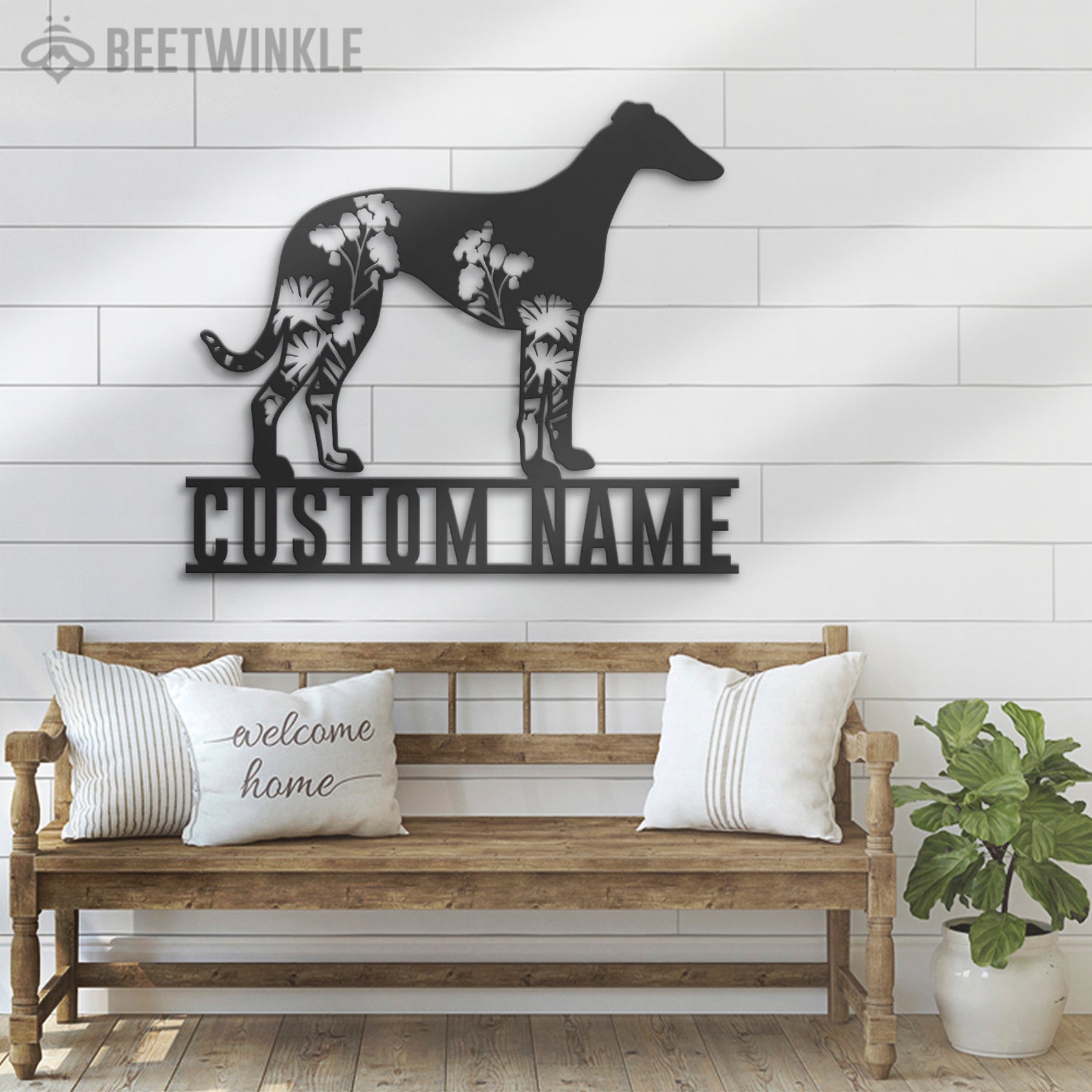 Custom Floral Whippet Metal Wall Art LED Light Personalized Wild Flower ...