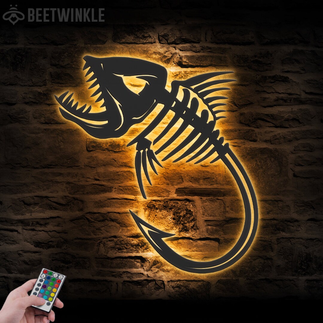 Skeleton Bass Fishing Hook Metal Wall Art LED Light Skull Fish Hook ...