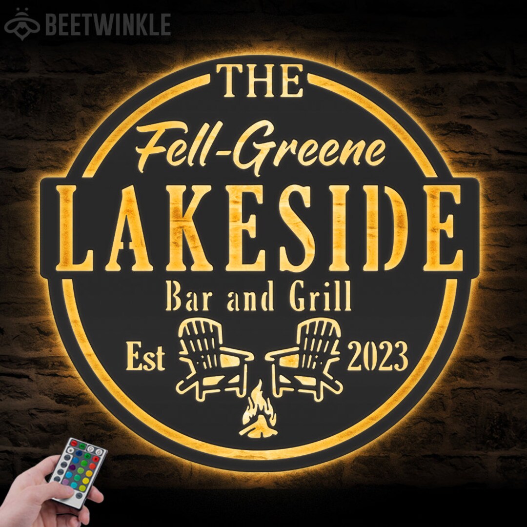 Custom Fire Pit Lake House Metal Wall Art LED Light Personalized ...
