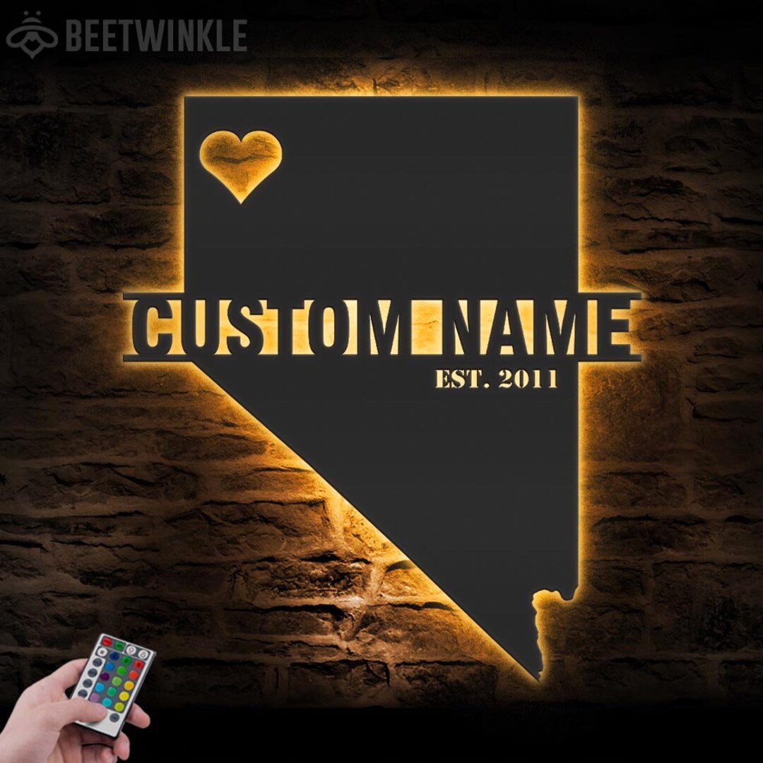 Custom Nevada Map Metal Wall Art LED Light Personalized Nevada State ...