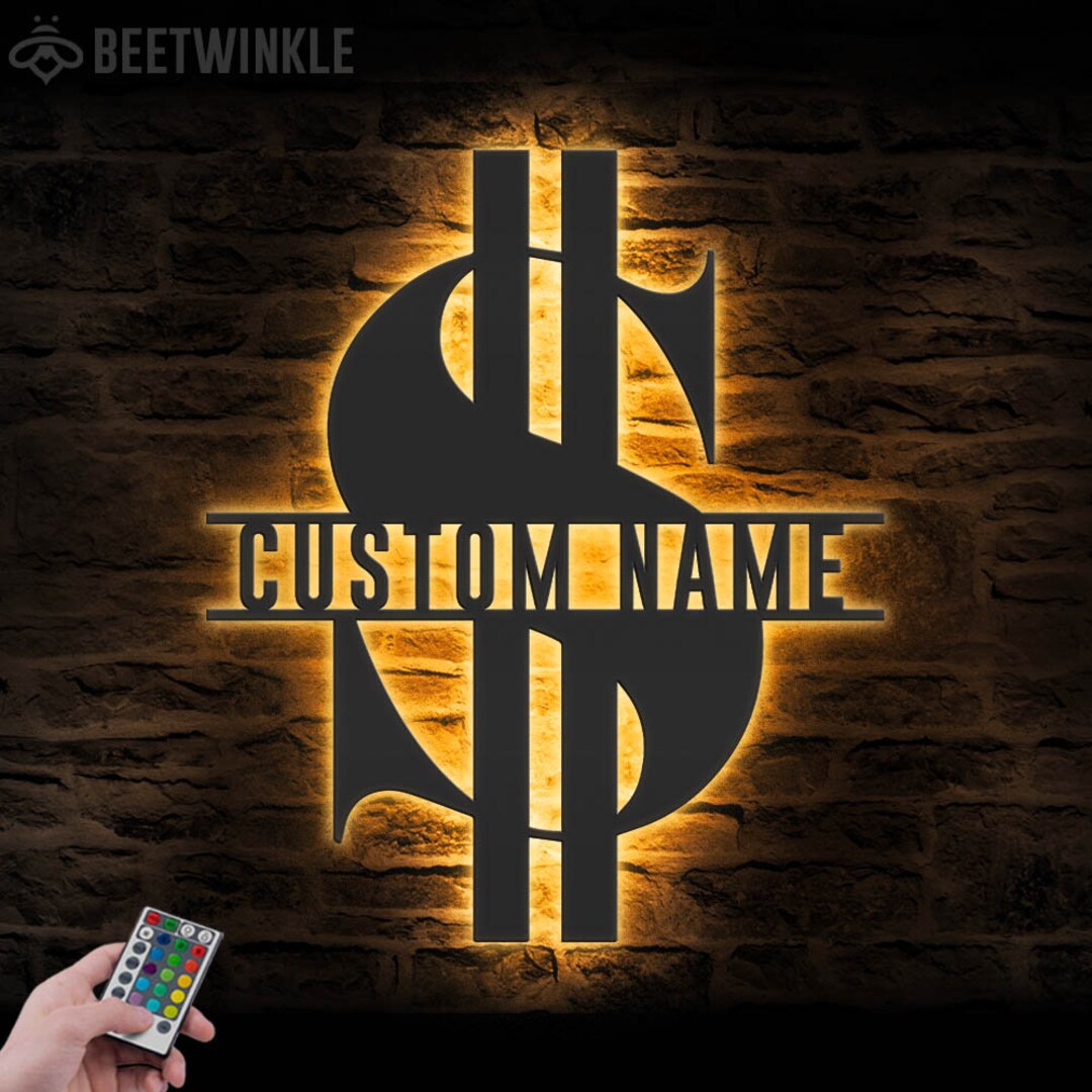Custom Dollar Money Symbol Metal Wall Art LED Light Personalized ...