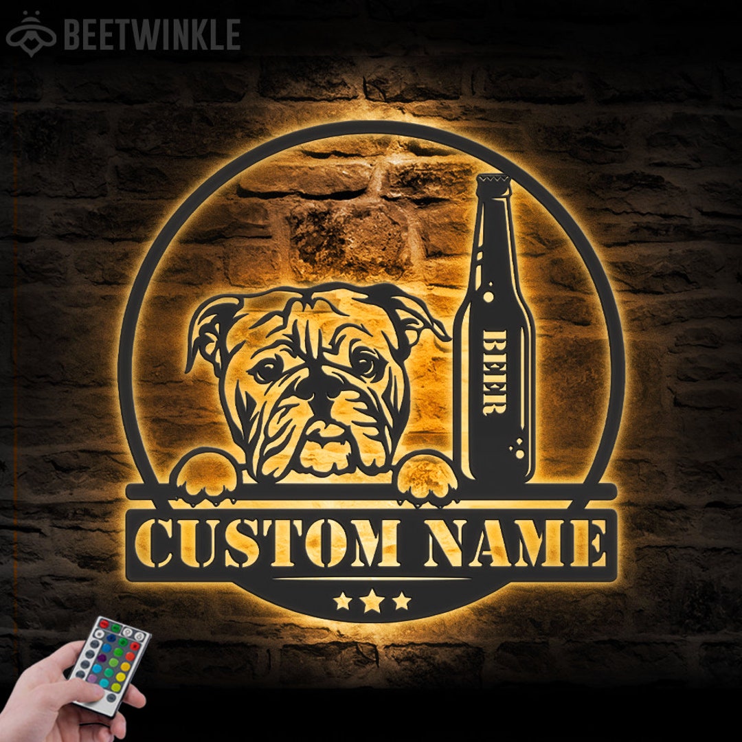 Custom Bulldog Beer Bar Metal Wall Art LED Light Personalized Beer Pub ...