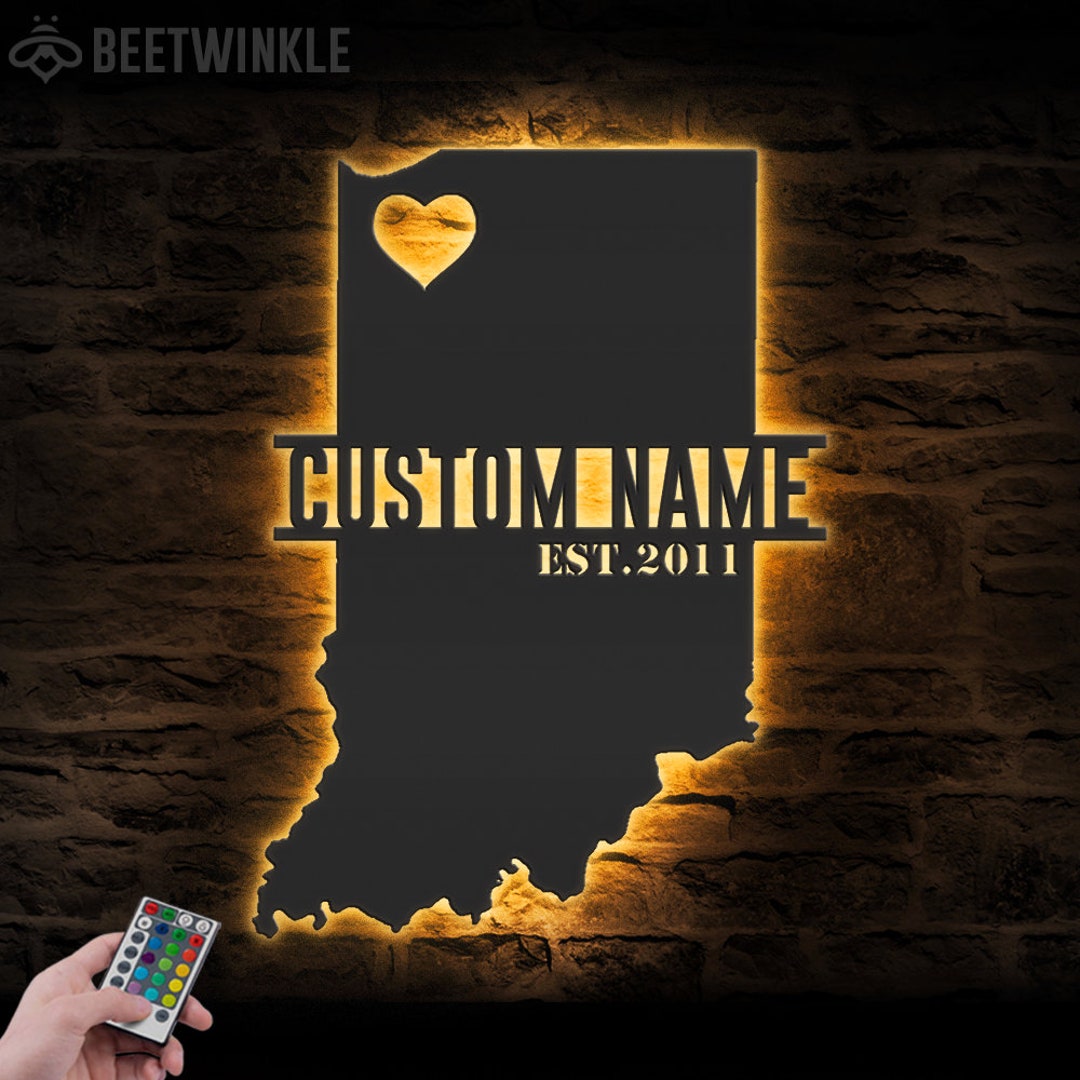 Custom Indiana Map Metal Wall Art LED Lights Personalized Indiana State ...