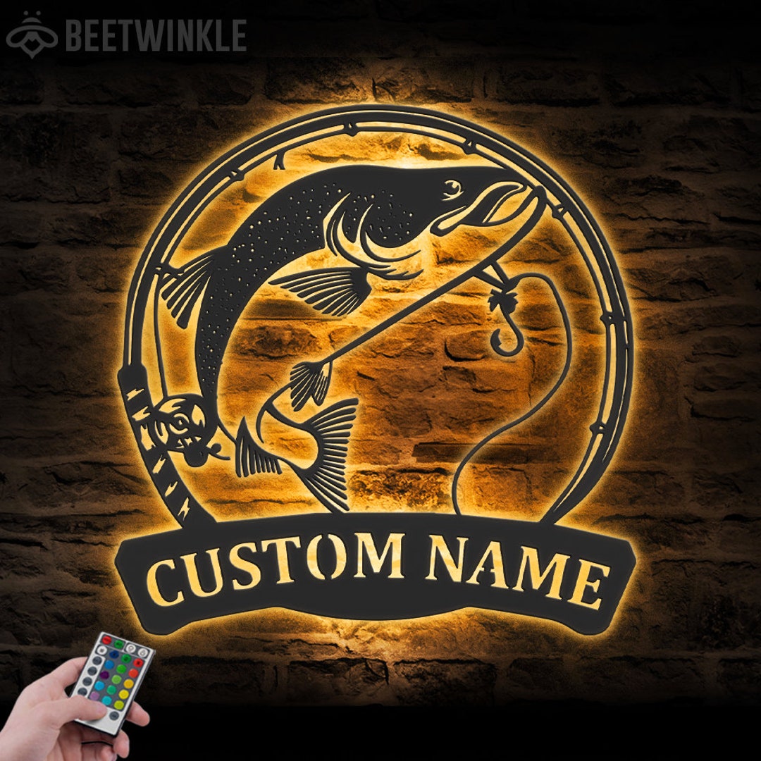 Custom Pink Salmon Fishing Metal Wall Art LED Light Personalized Fisher ...