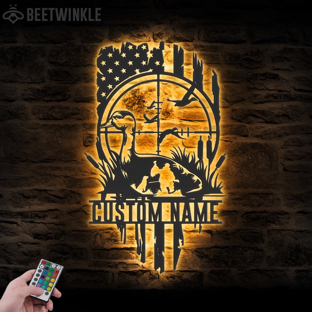 Custom US Duck Hunting Metal Wall Art LED Light Personalized Hunter ...