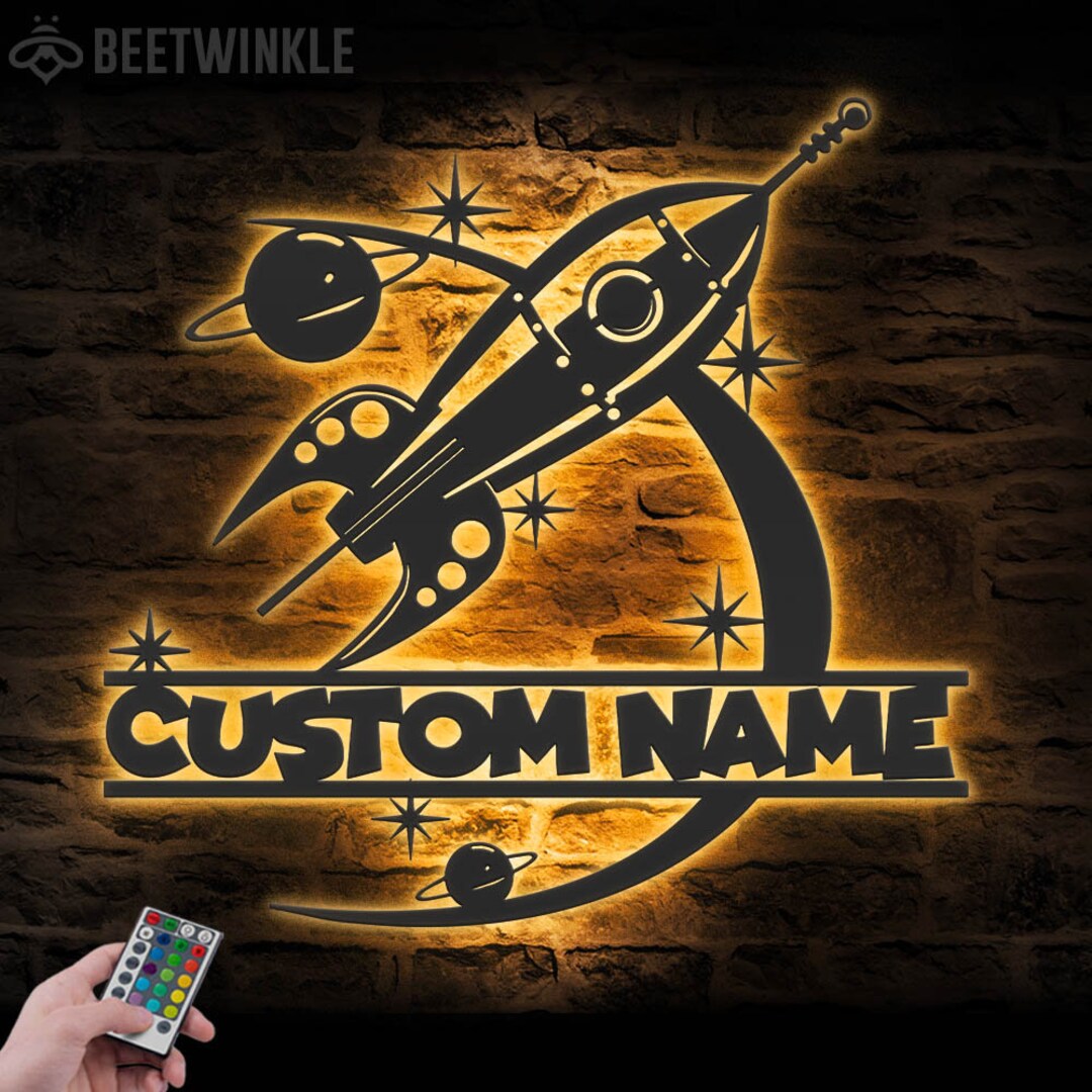 Custom Spaceship Metal Wall Art LED Light Personalized Rocket Name Sign ...