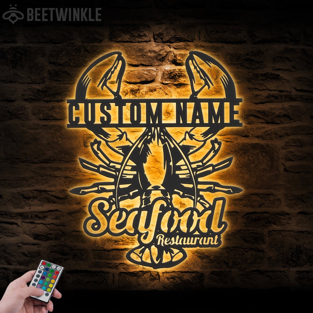 Custom Lobster Seafood Restaurant Metal Wall Art LED Light Personalized ...