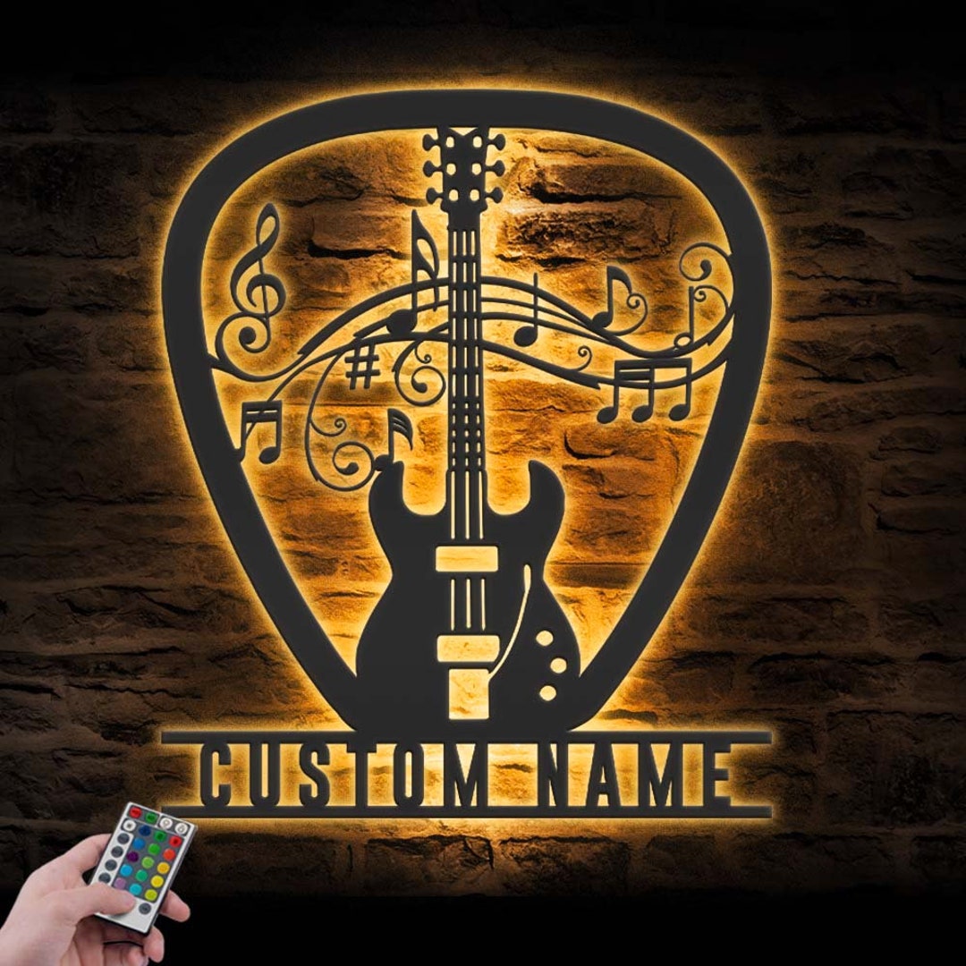 Custom Guitar Pick Metal Wall Art LED Light Personalized Guitar Player ...