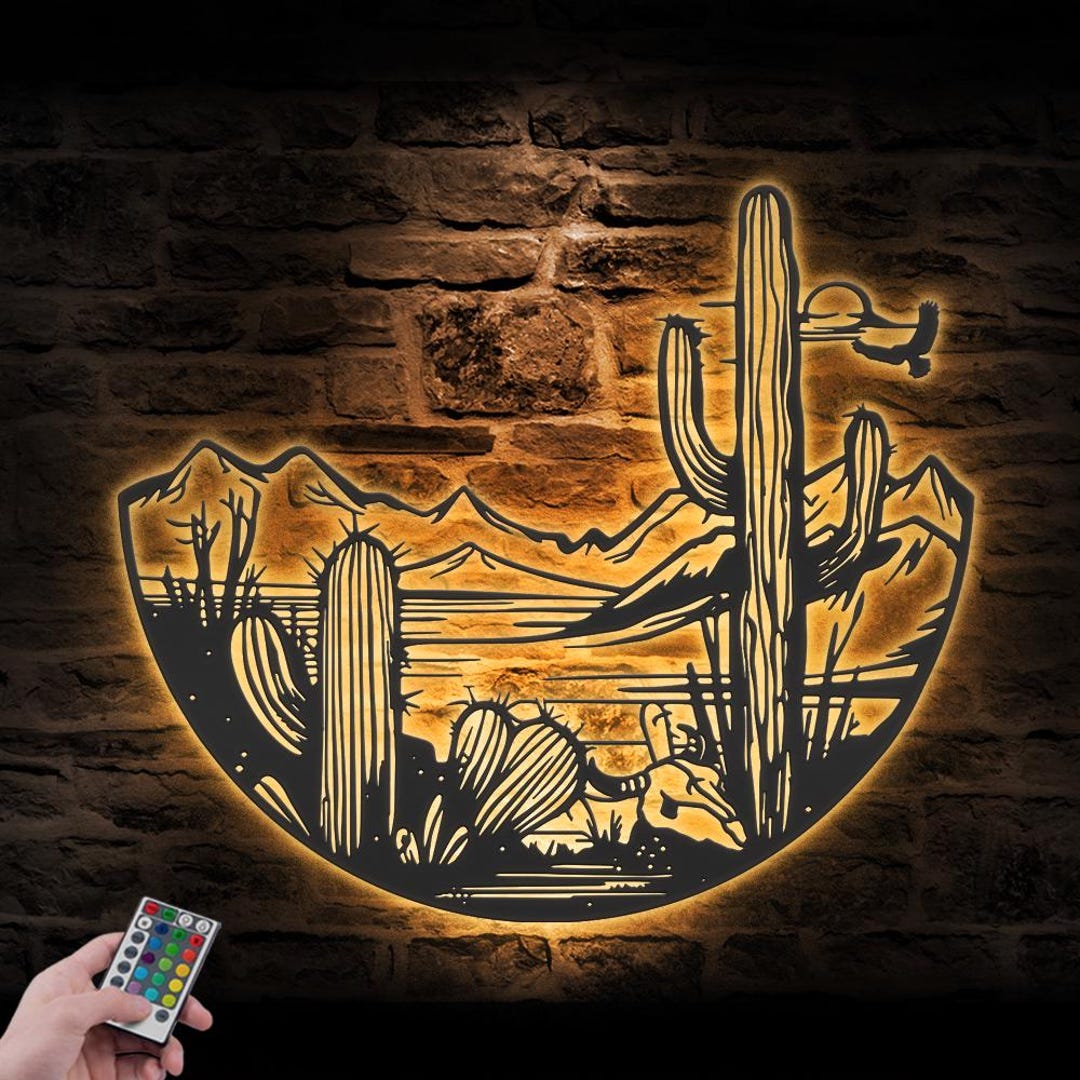 Cactus Desert Mountain Metal Wall Art LED Light Southwest Desert Sign ...