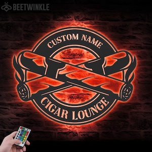 Custom Cigar Lounge Metal Wall Art LED Light Personalized Smoking Cigar ...