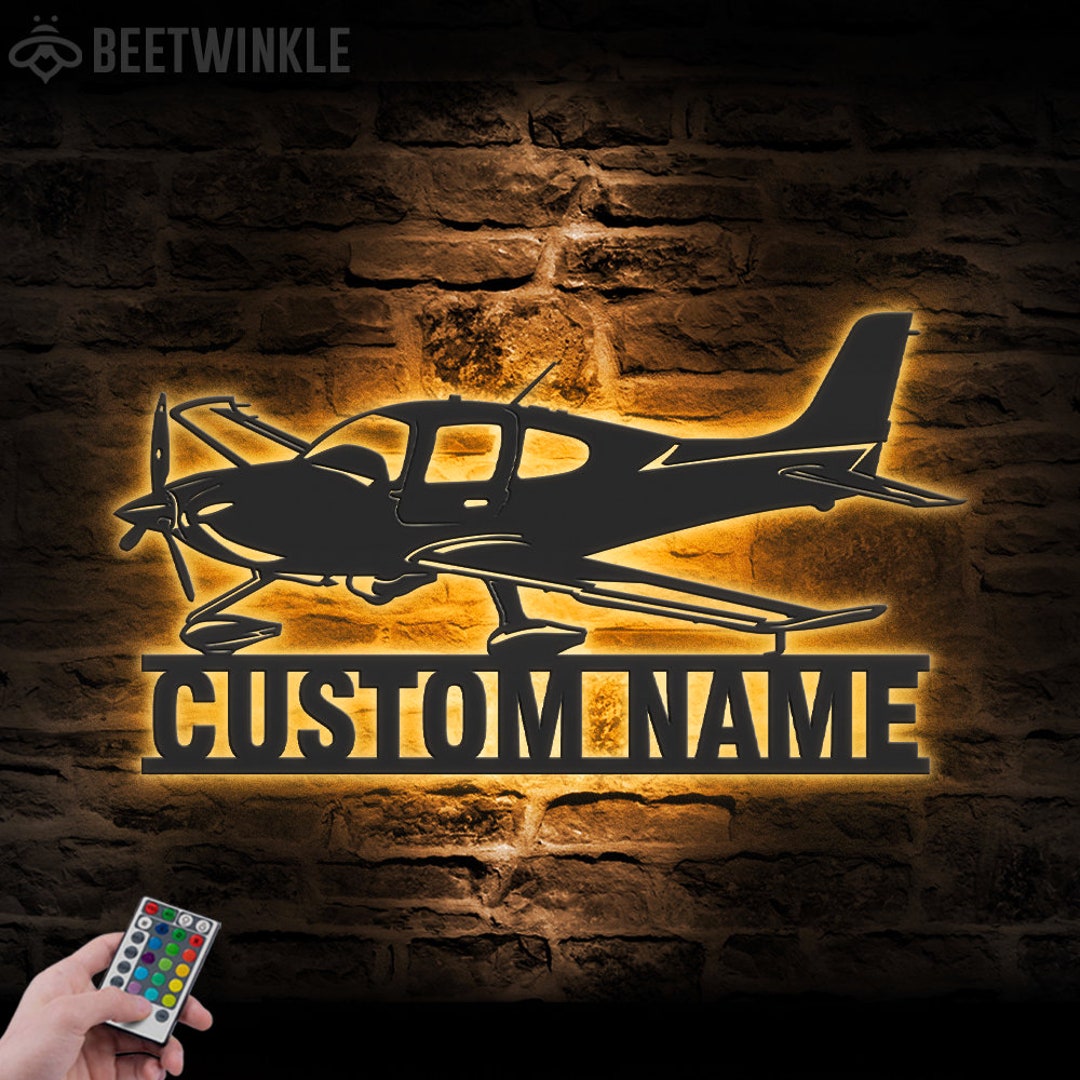 Custom Airplane Metal Wall Art LED Light Personalized Pilot Name Sign ...