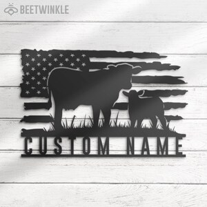 Custom US Flag Cow Farmhouse Metal Wall Art LED Light Personalized ...