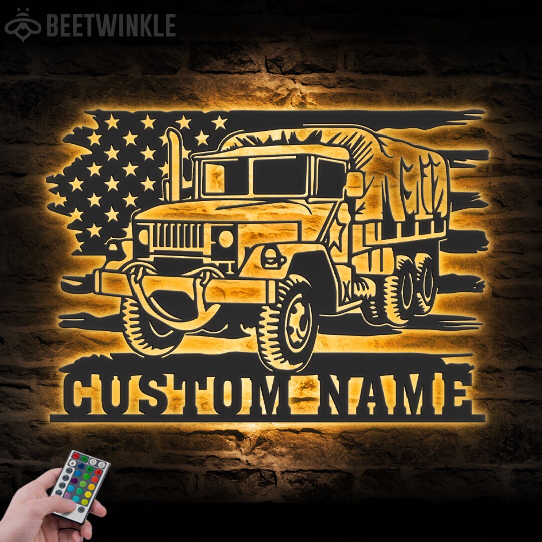 Custom US Army Truck Metal Wall Art LED Light Personalized Military ...