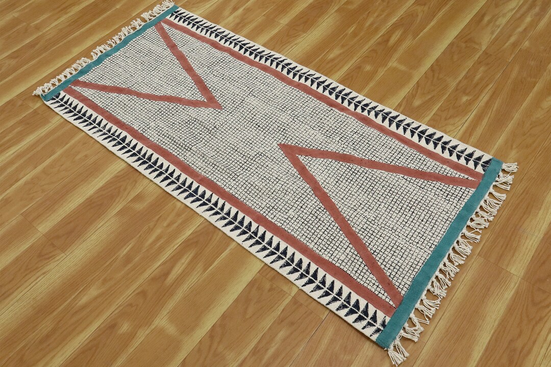 Hand Block Printed Cotton Kilim Rug, Black & Pink Hallway Runner - Etsy