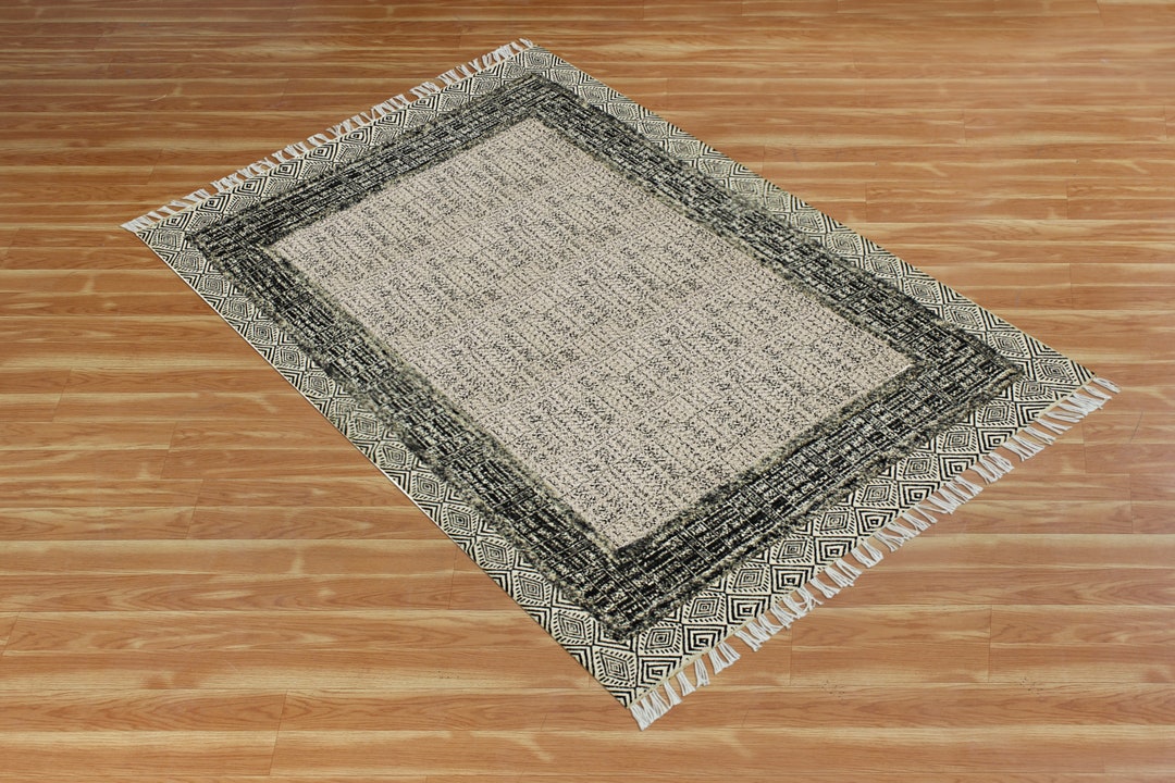 Square Area Rug Black Cotton Rug Indian Handmade Kilim Gray Cotton Rug ...