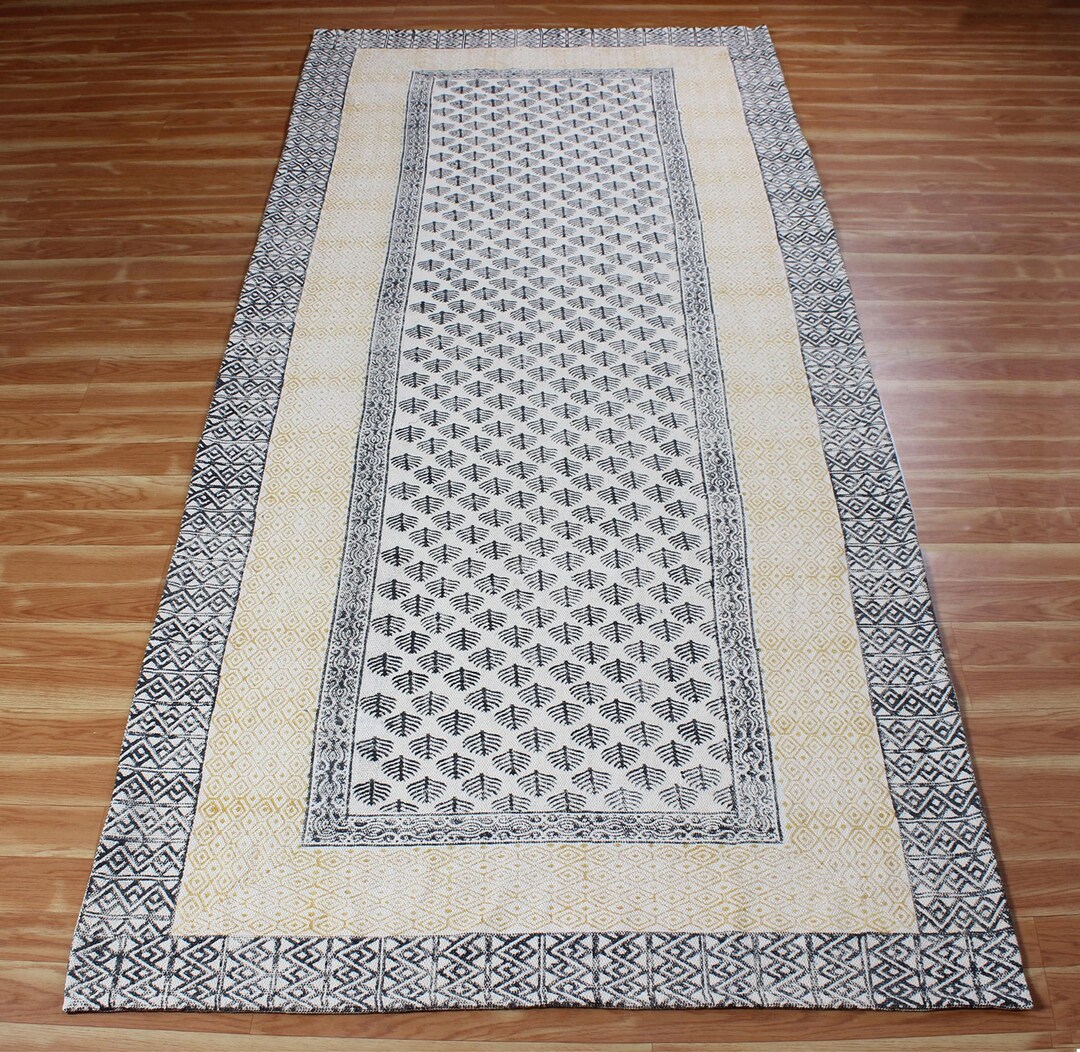 Buy Block Printed Cotton Stair Runner Rug, Yellow & Black Boho Kilim ...