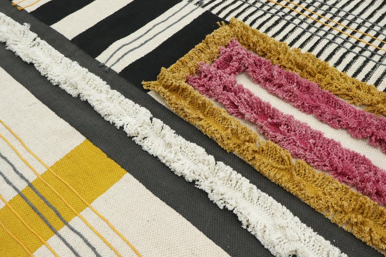 Handwoven Cotton Hallway Runner Rug, Grey Yellow Block Print - Etsy