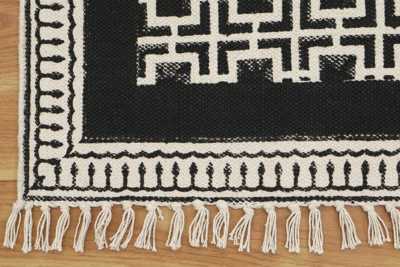 Black Beige Cotton Rug: Modern Block Printed Dhurrie Runner, Boho Area ...