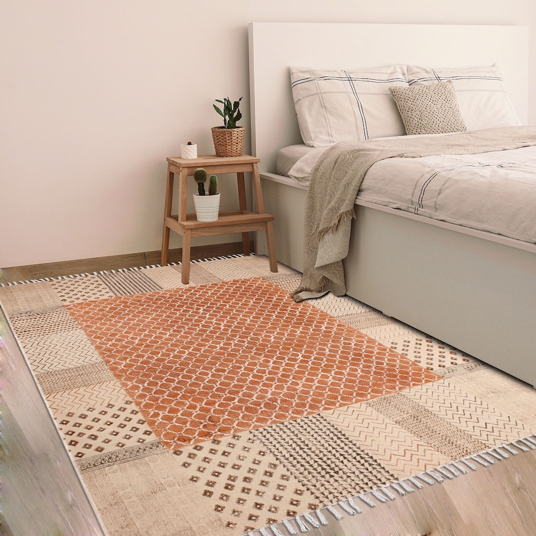 Hand Block Printed Cotton Kilim Rug, Orange Runner, Modern Art Decor - Etsy