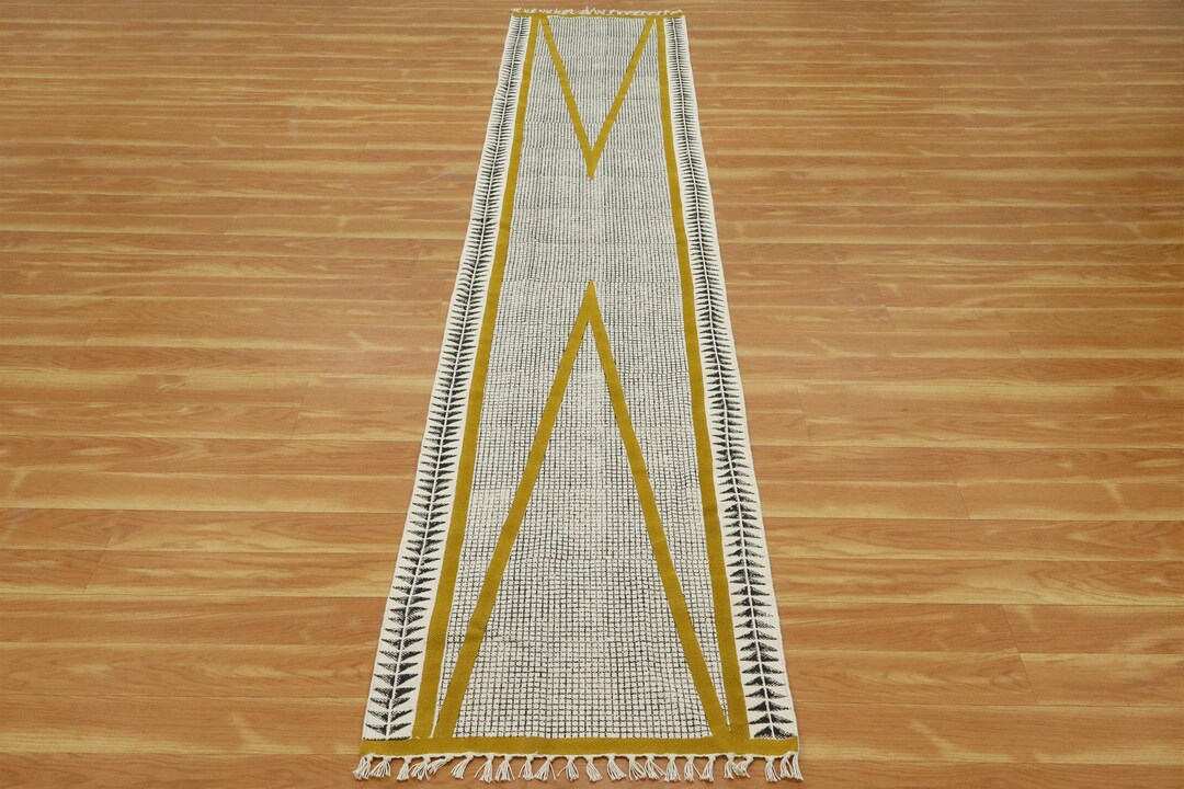Handwoven Cotton Runner Rug: Mustard Yellow Stripes - Etsy
