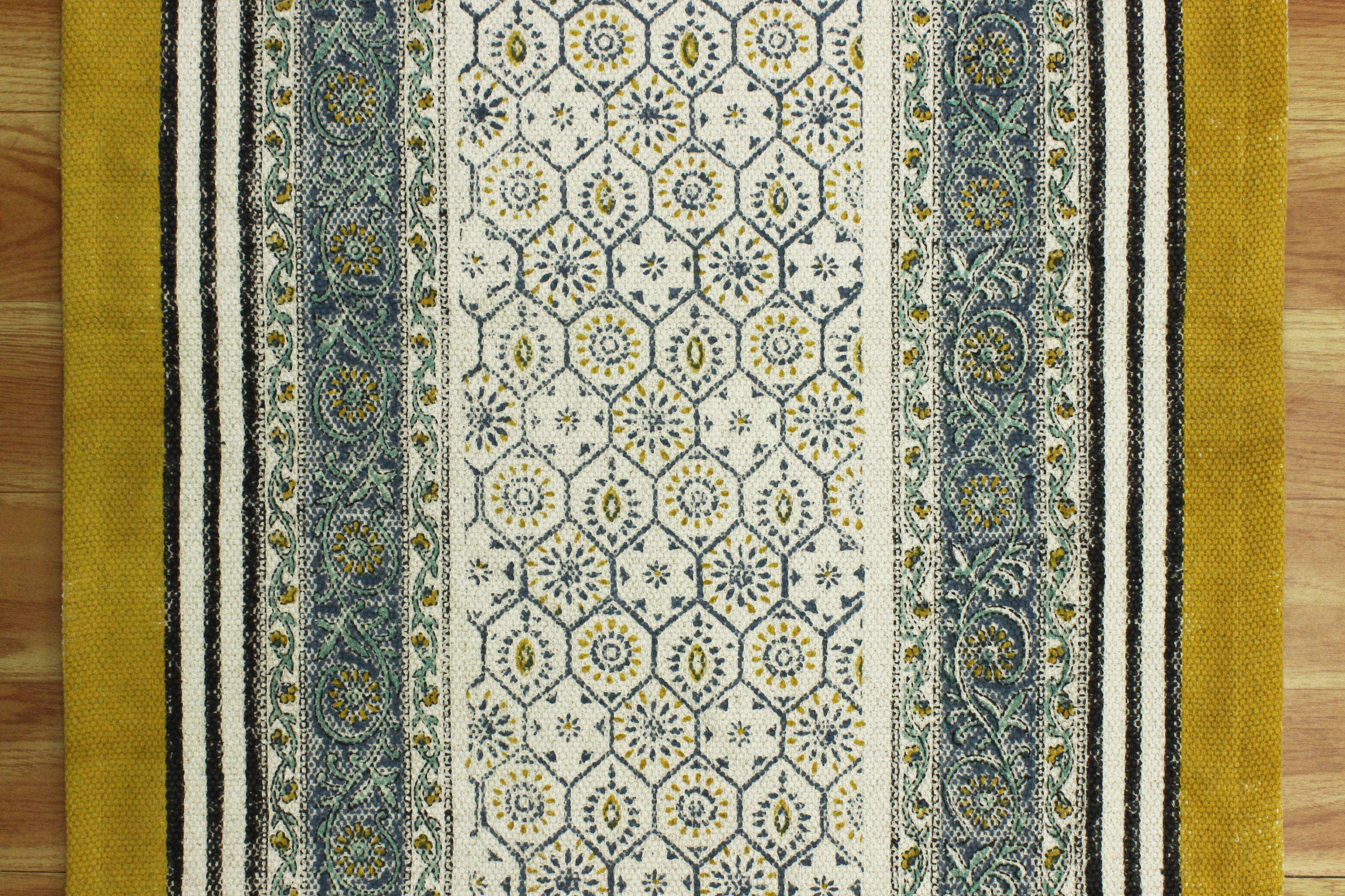 Hand Block Printed Cotton Runner Rug: Yellow Black Hallway Stair Decor ...