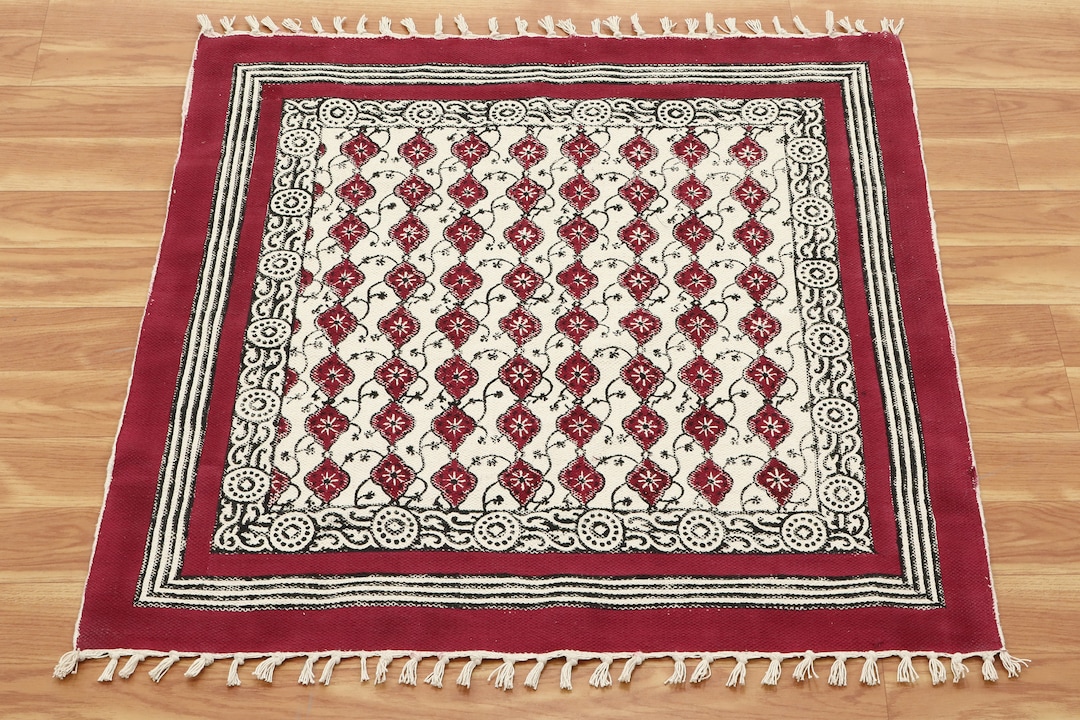 Red Square Rug Indian Square Rug Handmade Cotton Area Rug Hand Block ...