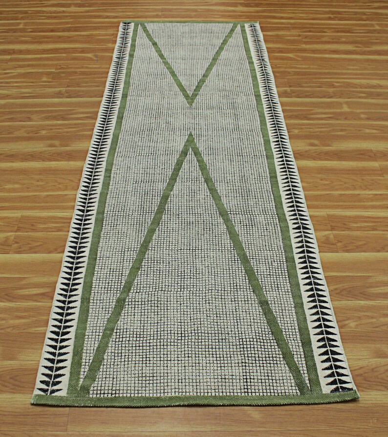 Handmade Green Cotton Runner Rug, Block Print Kilim - Etsy