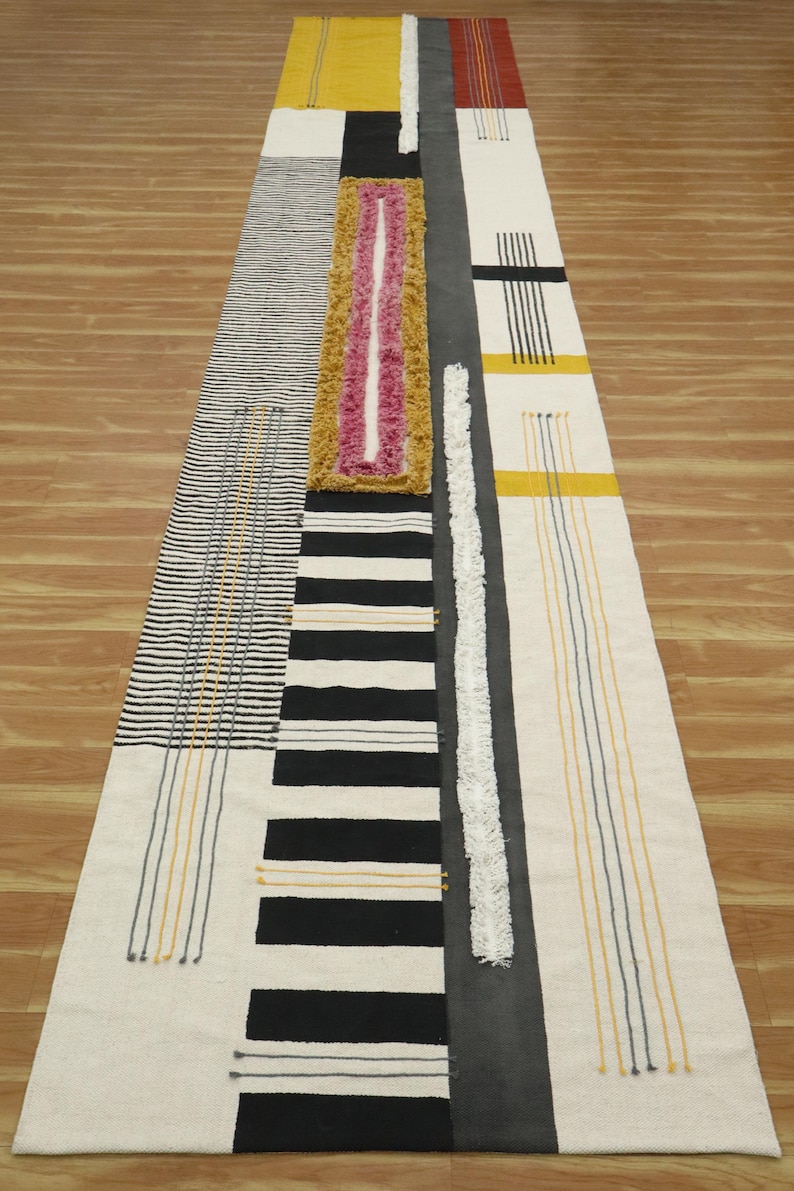 Handwoven Cotton Hallway Runner Rug, Grey Yellow Block Print - Etsy