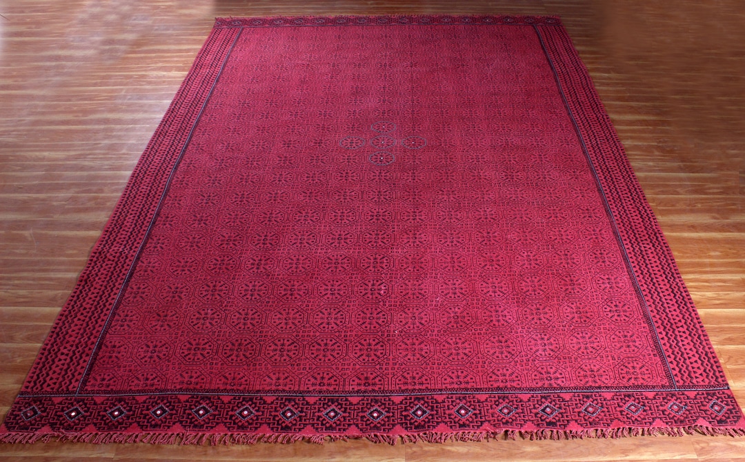 Red Black Extra Large Hand Woven Rug Block Print Rug Hallway Garden ...