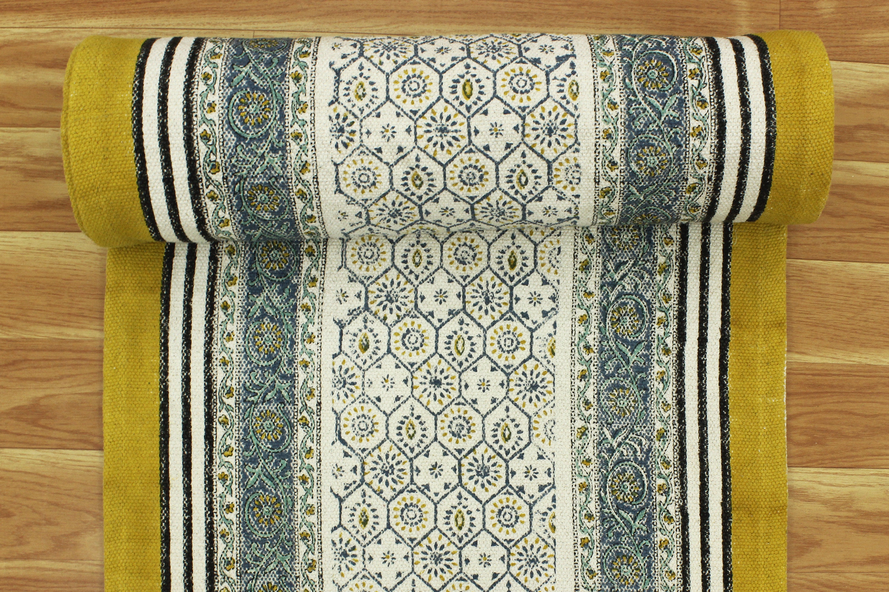 Hand Block Printed Cotton Runner Rug: Yellow Black Hallway Stair Decor ...